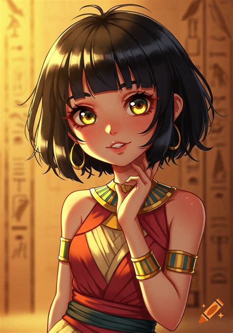 Anime Style Portrait Of An Egyptian Girl With Short Black Hair And