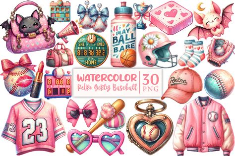 Retro Girly Baseball Clipart Graphic By Watercolorartist · Creative Fabrica