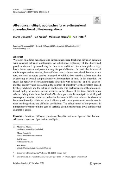 Pdf All At Once Multigrid Approaches For One Dimensional Space Fractional Diffusion Equations