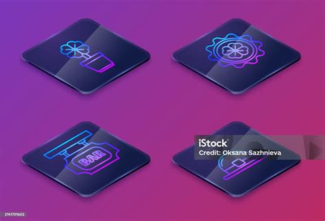 냄비에 담긴 아이소메트릭 라인 네잎 클로버 바가 새겨진 거리 간판 네잎 클로버가 있는 병뚜껑 레프러콘 모자 파란색 사각형 버튼입니다 벡터 3차원 형태에 대한 스톡 벡터 아트