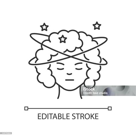 현기증 픽셀 완벽한 선형 아이콘 머리에 스트로크 과로 한 아가씨 현기증 경험 얇은 선 사용자 정의 일러스트레이션 윤곽 기호입니다