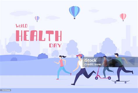 세계 보건의 날 공원에서 스포츠를 걷고 놀고 있는 사람들 아침에 대한 스톡 벡터 아트 및 기타 이미지 아침 야외 웰빙 Istock