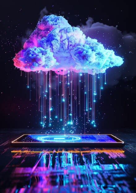Futuristic Cloud Computing Concept With Neon Lights And Digital Elements In A Dark Background