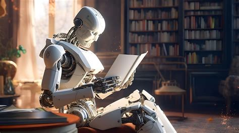 Premium Ai Image A Robot Reading A Book In A Library