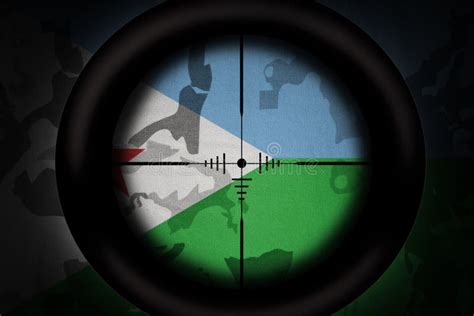 Sniper Scope Aimed At Flag Of Djibouti On The Khaki Texture Background