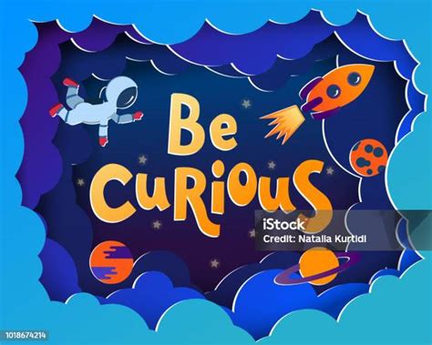 호기심 수 있습니다 우주 비행사 행성 별 로켓과 만화 스타일 인사말 카드 타이 포 그래피 공간 테마 포스터입니다 동기 부여 따옴표입니다 고정됨에 대한 스톡 벡터 아트 및