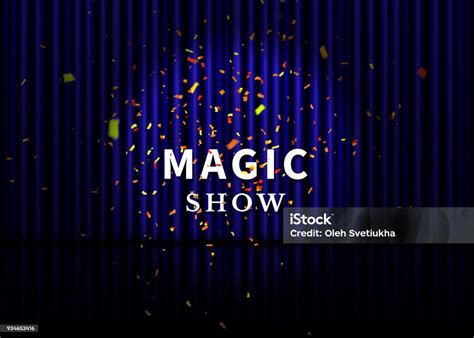 블루 커튼 스포트 라이트 반사와 색종이 극장 무대 매직 쇼 포스터입니다 벡터 Performing Arts Event에 대한 스톡 벡터 아트 및 기타 이미지