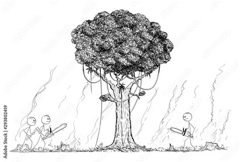 Vector Cartoon Stick Figure Drawing Conceptual Illustration Of Group Of Lumberjacks Going To Cut