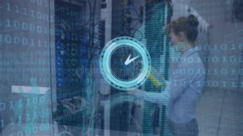 Animation Of Moving Clock And Binary Coding Over Caucasian Woman In