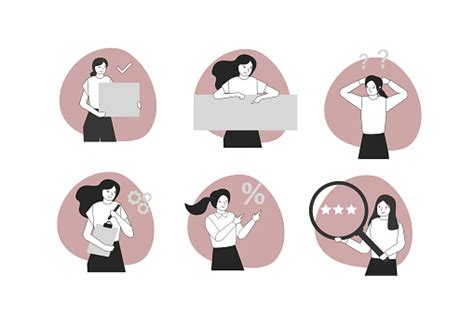 사업가 캐릭터 세트입니다 비즈니스 레이디 또는 회사원이 다양한 포즈 행동 및 제스처를 취하고 있습니다 비즈니스 행사에서 여성과 함께 하는 장면 모음 간단한 표지판 모음