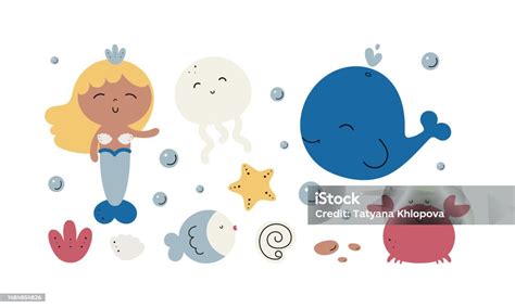 만화 바다 캐릭터입니다 귀여운 인어 해파리 불가사리 물고기 게 고래 베이비 샤워 초대장 생일 카드 스티커 지문 등에 좋습니다 게에 대한 스톡 벡터 아트 및 기타 이미지