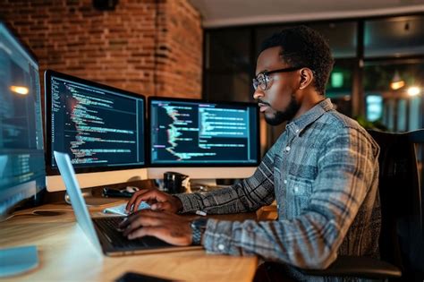 African American Developer Coding On Laptop At Software Agency Premium Ai Generated Image