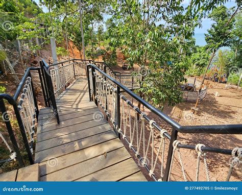 Outdoor Wooden Pedestrian Bridge And Black Metal Handrails Stock Image Image Of Estate Guard