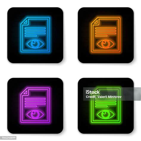흰색 배경에 고립 된 눈 기호 아이콘 빛나는 네온 종이 페이지 정보 파일 기호를 엽니다 검은색 사각형 단추입니다 벡터 일러스트 문서에 대한 스톡 벡터 아트 및 기타 이미지