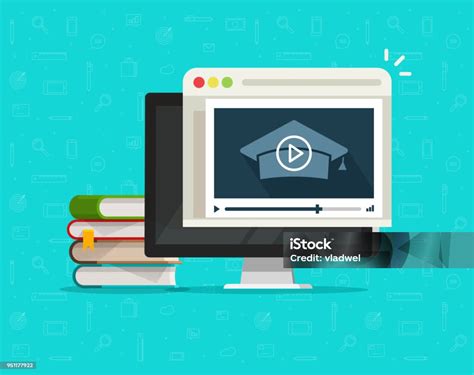 컴퓨터 벡터 일러스트 레이 션 평면에 온라인 비디오를 통해 교육 만화 데스크톱 Pc 및 비디오 웹 세미나 과정 개념 인터넷 학습 디지털 거리 연구 웹 튜토리얼 클립 아트