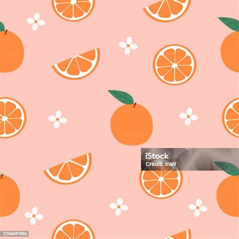 오렌지 과일 잎 꽃 분기와 벡터 완벽 한 패턴 귀여운 오렌지 과일 배경 인쇄 직물 직물 및 포장을 위한 편평한 작풍 본 감귤류 과일에 대한 스톡 벡터 아트 및 기타 이미지