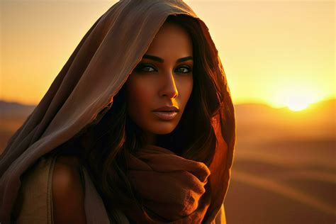 Ai Generated Portrait Of A Young Arabic Woman In A Hijab In The Desert Against The Sunset