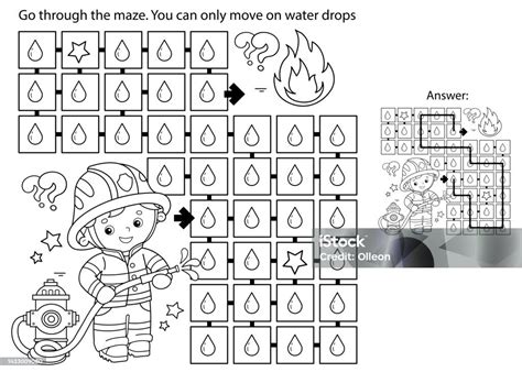 미로 또는 미로 게임 수수께끼 색칠 공부 페이지 소화전을 가진 만화 소방관 또는 소방관의 개요 소방 아이들을위한 색칠 공부 책 소방차에 대한 스톡 벡터 아트 및 기타 이미지