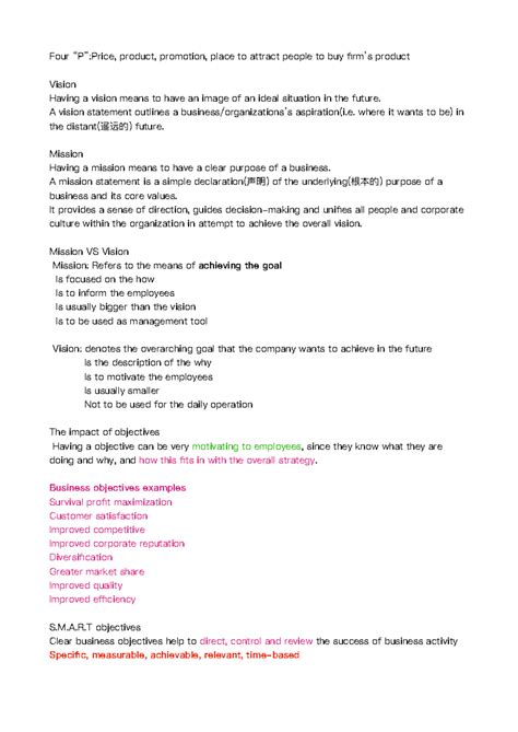 Business Notes Vision Mission And Objectives Analysis Studocu