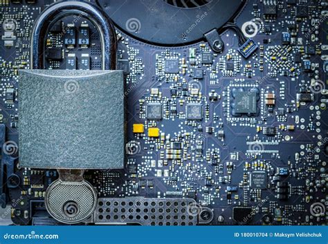 Hack Security Data Protection Computer Internet Safe With Lock Key On Microscheme Chip Stock