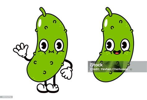 귀여운 재미있는 오이 캐릭터 벡터 손으로 그린 전통 만화 빈티지 복고풍 카와이 캐릭터 일러스트 레이 션 아이콘 흰색 배경에 고립되어 있습니다 오이 캐릭터 개념 개체 그룹에