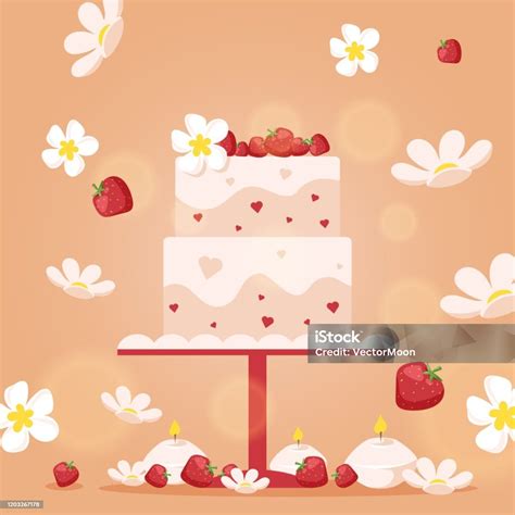 플랫 스타일 벡터 일러스트레이션의 웨딩 케이크 하트로 장식 된 딸기 크림과 아름다운 큰 달콤한 케이크 베이커리 프리젠테이션 포스터 개성 개념에 대한 스톡 벡터 아트 및 기타