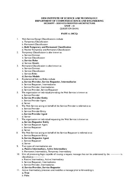 SOA Unit 2 Mcq Bank SRM INSTITUTE OF SCIENCE AND TECHNOLOGY DEPARTMENT OF COMPUTER SCIENCE AND