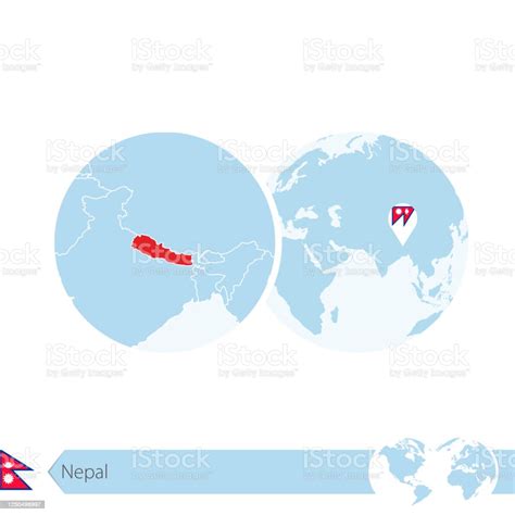Nepal On World Globe With Flag And Regional Map Of Nepal Stock