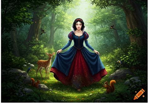 An Illustrated Snow White In A Blue And Red Dress Stands In A Sunlit
