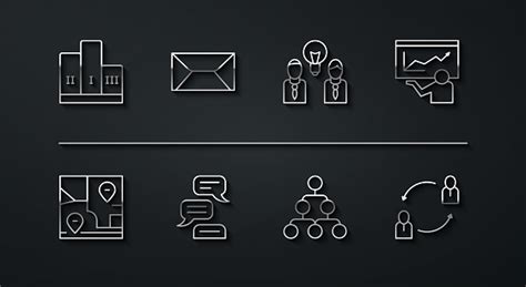 우승자 연단 위치 교육 프레젠테이션 계층 구조 조직도 차트 말풍선 채팅 봉투 인사 및 사람 램프 전구 아이콘이 있는 접힌 지도에 대한 라인 상을 설정합니다 벡터 Brand