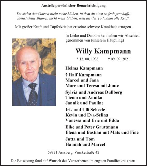 Traueranzeigen Von Willy Kampmann Trauer In Nrwde