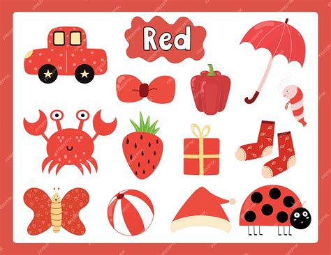 Premium Vector Set Of Red Color Objects Primary Colors Flashcard With Red Elements Learning
