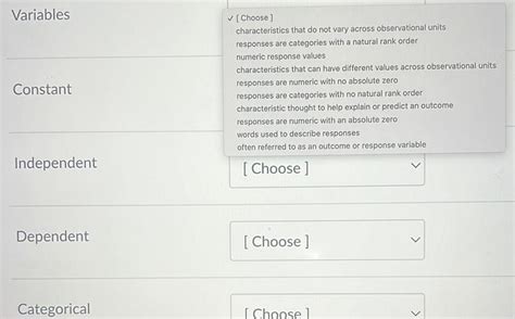 [answered] Variables Constant Independent Dependent Categorical Choose Kunduz