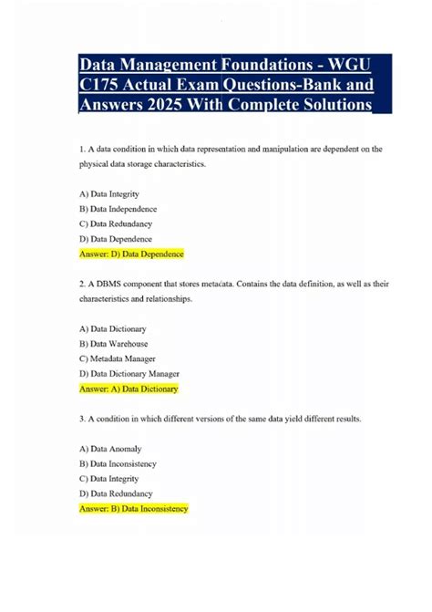 Data Management Foundations Wgu C175 Actual Exam Questions Bank And Answers 2025 With Complete