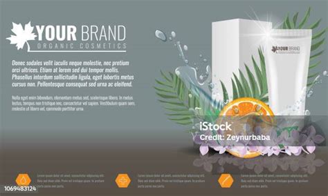 물 얼룩 오렌지 화장품 제품 광고 포스터 템플릿 꽃과 팜 리프 크림 튜브 패키지입니다 벡터 일러스트입니다 3차원 형태에 대한 스톡 벡터 아트 및 기타 이미지 Istock