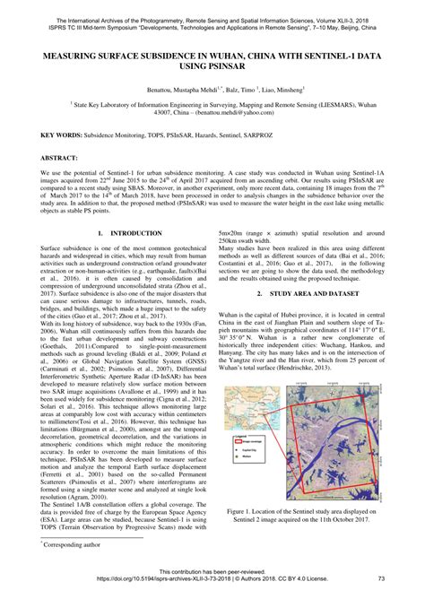 Pdf Measuring Surface Subsidence In Wuhan China With Sentinel 1 Data Using Psinsar