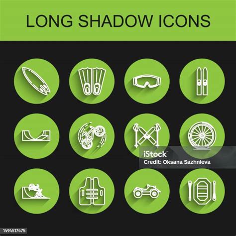 거리 경사로 구명 조끼 서핑 보드 모든 지형 차량 또는 Atv 오토바이 래프팅 보트 트릭 휠 및 스키 및 스틱 아이콘에 자전거를 설정하십시오 벡터 강에 대한 스톡 벡터 아트