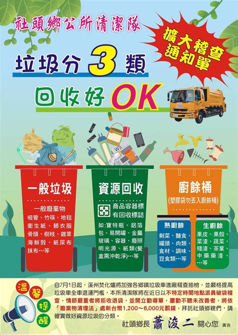 彰化縣社頭鄉公所 【 清潔隊垃圾清運宣導】 自今日（7月1日）起 溪州焚化爐已加強各鄉鎮 垃圾車進場稽查抽檢