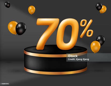 특별 판매 70 할인 연단 장식과 검은색 배경에 격리된 풍선이 있는 현실적인 황금 3d 번호 벡터 일러스트 레이 션 3차원 형태에 대한 스톡 벡터 아트 및 기타 이미지