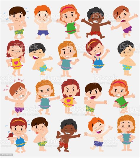 만화 캐릭터 남자와 여자는 수영복에 다른 자세 태도 포즈 다양 한 활동을 하 고 설정 합니다 벡터 일러스트 레이 션 교사 교육 관련 직업에 대한 스톡 벡터 아트 및 기타