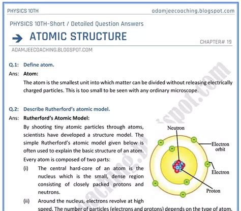 Adamjee Coaching Atomic Structure Short And Detailed Answer Questions Physics 10th
