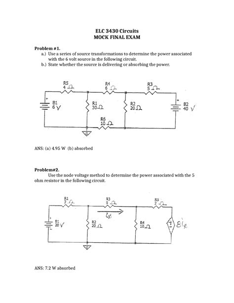 Solved Problems On Resistance Circuit Final Examination Elc 2430 Docsity