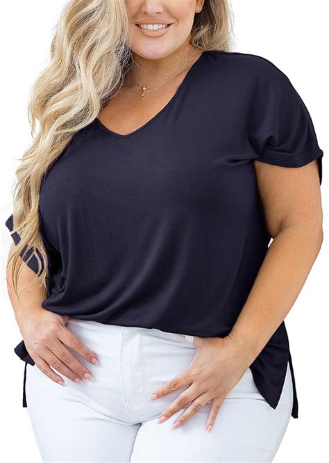 Showmall Women Plus Size Tops Short Sleeve Tunic Side Slit Shirt Summer