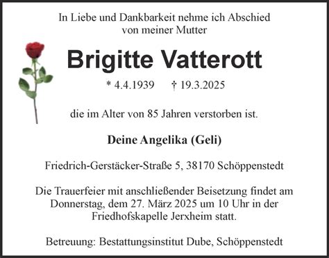 Traueranzeigen Von Brigitte Vatterott Trauer38 De