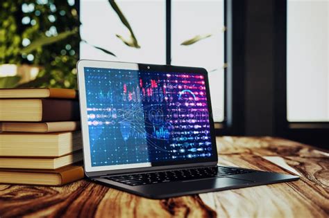 Laptop Displaying Digital Network Visualization With Books On Desk In Library Space 3d