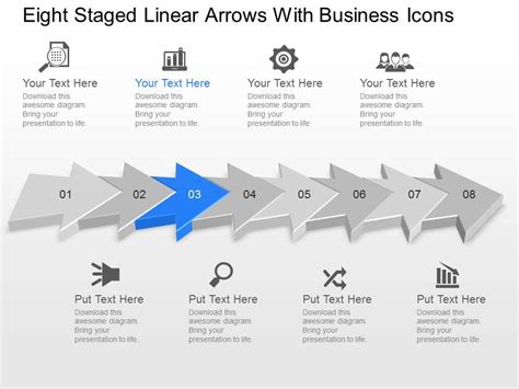 Oc Eight Staged Linear Arrows With Business Icons Powerpoint Template PowerPoint Slide Images