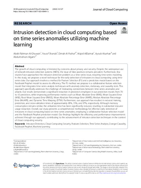 (PDF) Intrusion detection in cloud computing based on time series anomalies utilizing machine ...