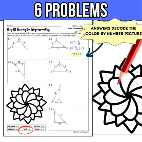Right Triangle Trigonometry Solve For Missing Angle Color By Number