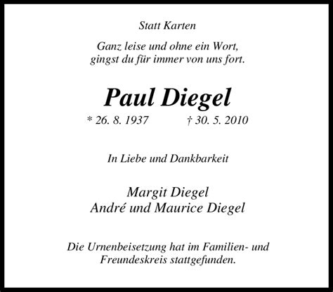 Traueranzeigen Von Paul Diegel Trauer In Nrw De