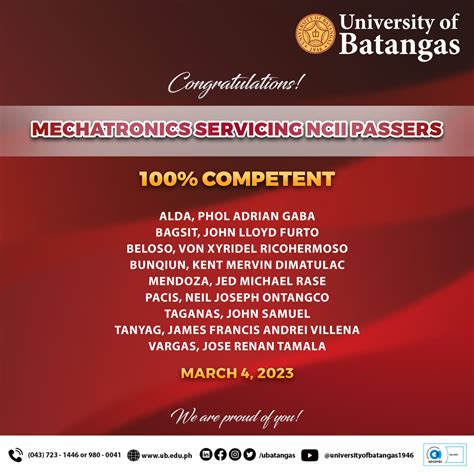 Mechatronics Servicing Ncii Passers University Of Batangas Batangas